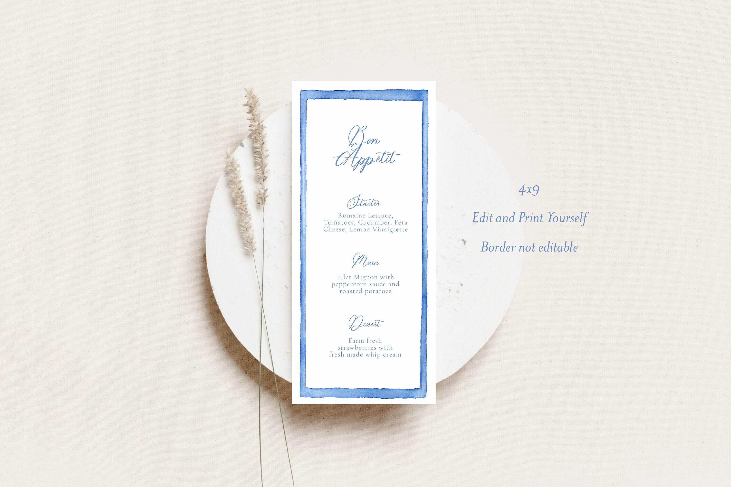Watercolor Blue Frame Dinner Menu TEMPLATE Light Blue - Etsy