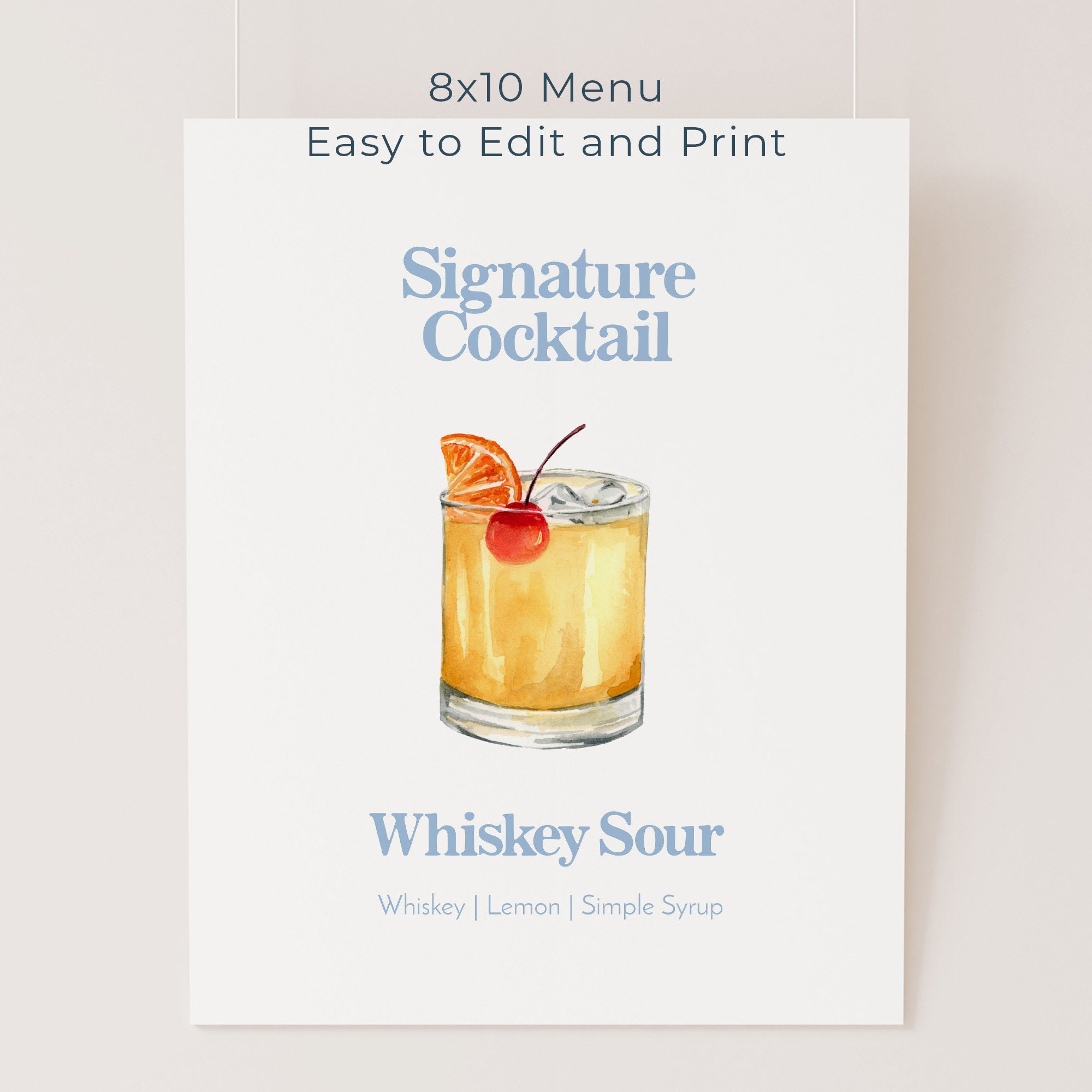 Watercolor Whiskey Sour Cocktail Menu: Retro Bar Sign (digital Download ...