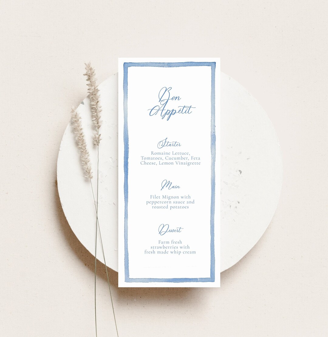 Watercolor Blue Frame Dinner Menu TEMPLATE, Light Blue Watercolor Frame ...
