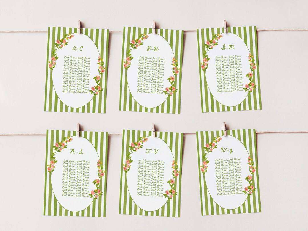 Italian Wedding Seating Chart Template: Green Stripes, Pink Flowers ...