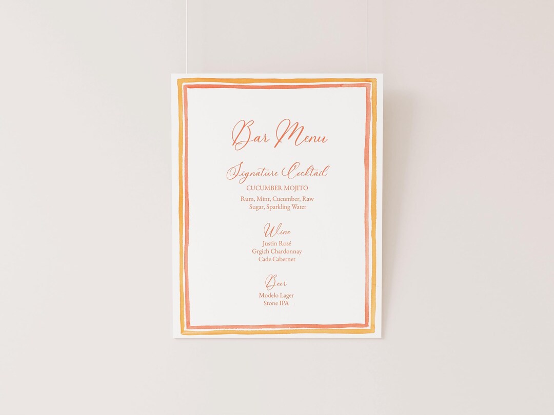 Bar Menu Pink and Orange Border TEMPLATE, Watercolor Border Bar Sign ...