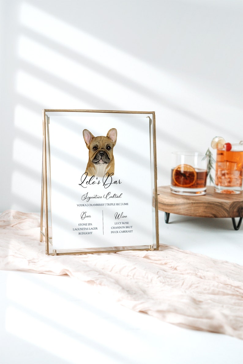 French Bulldog Watercolor Bar Menu, Signature Cocktail Editable ...