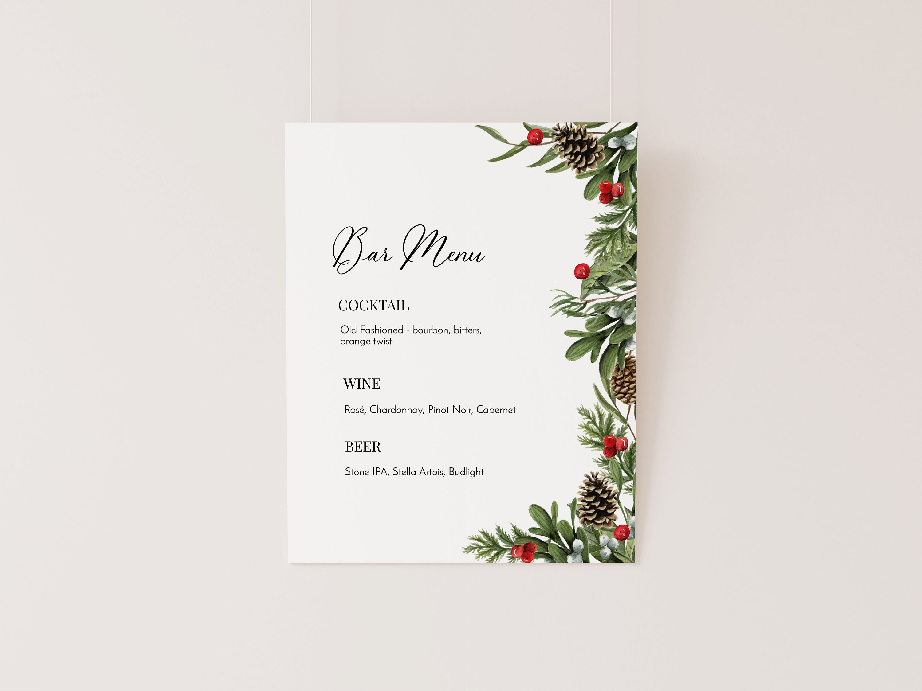 Christmas Themed Bar Menu TEMPLATE, Printable Christmas Menu, Holiday ...