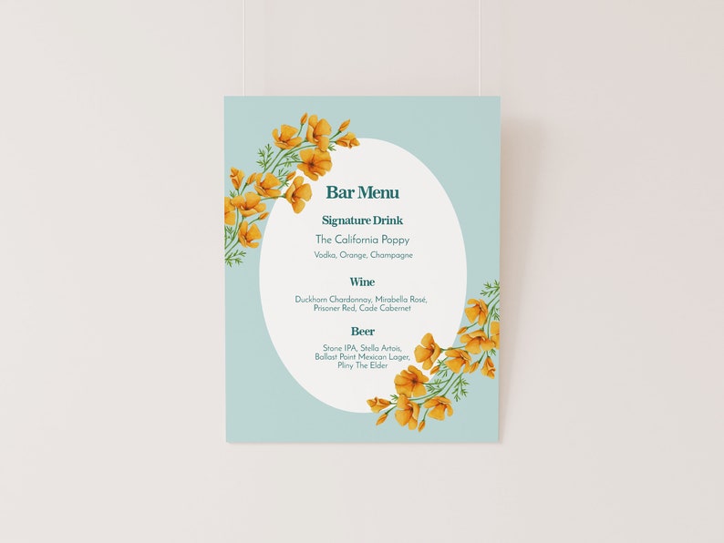 California Poppy Bar Menu Template, Orange Poppies Watercolor Sign ...