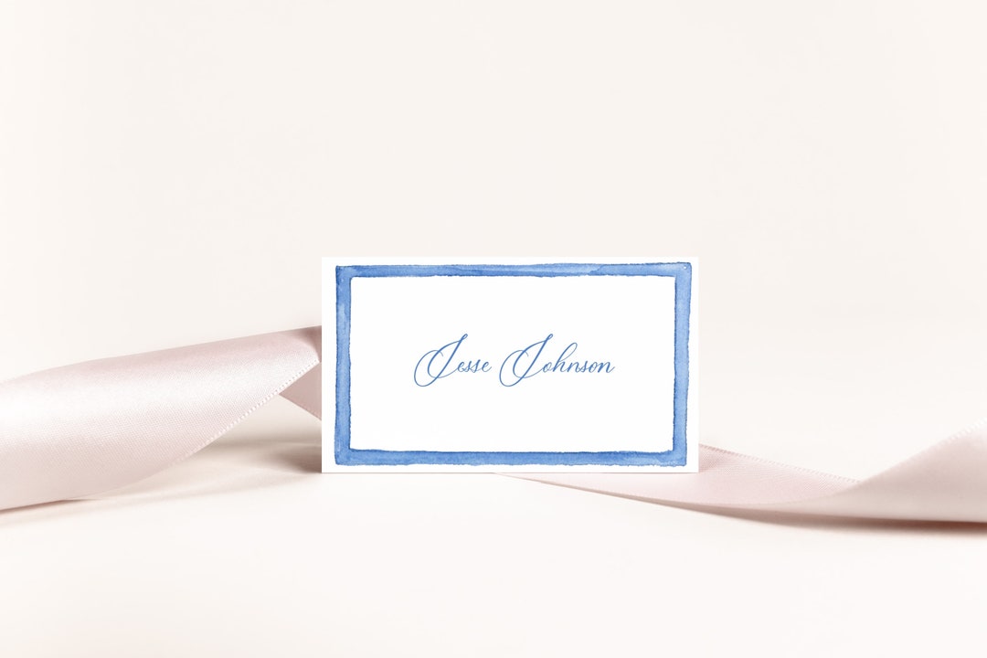 Light Blue Watercolor Frame Place Card Template, Name Card, Blue and ...