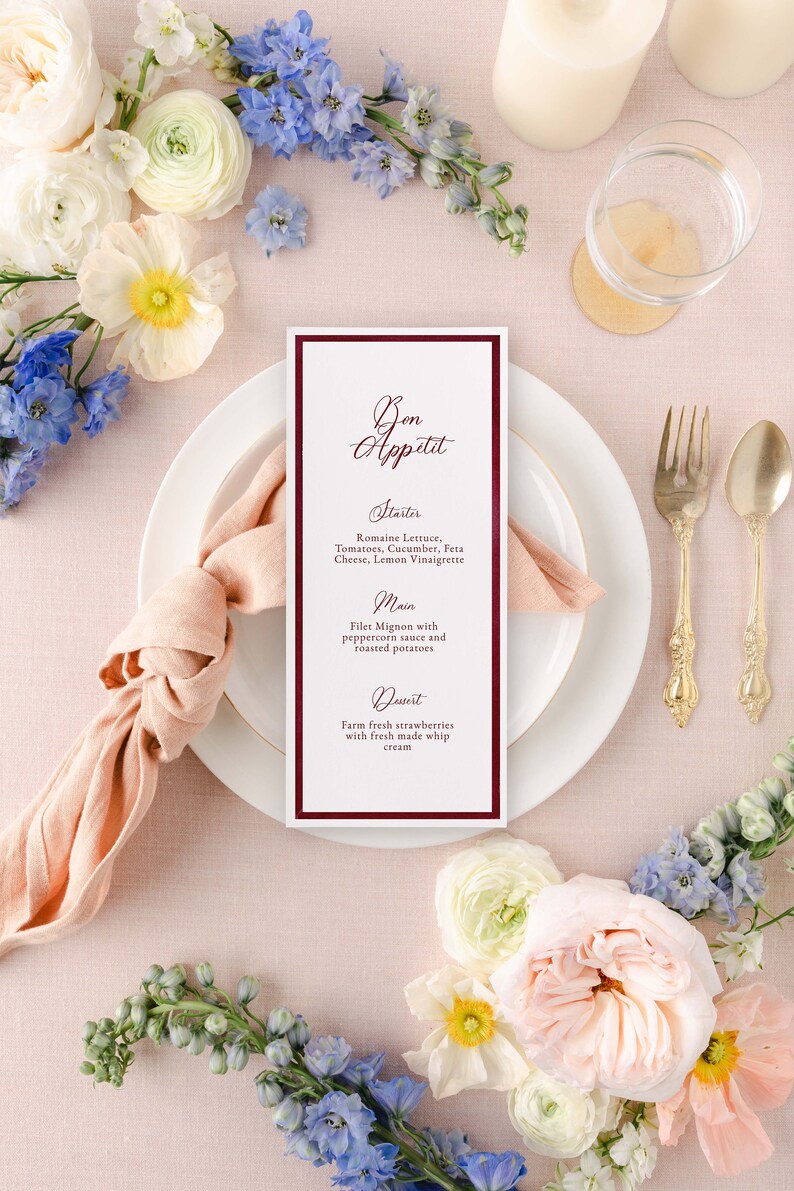 Watercolor Burgundy Frame Dinner Menu TEMPLATE, Claret Watercolor Frame ...