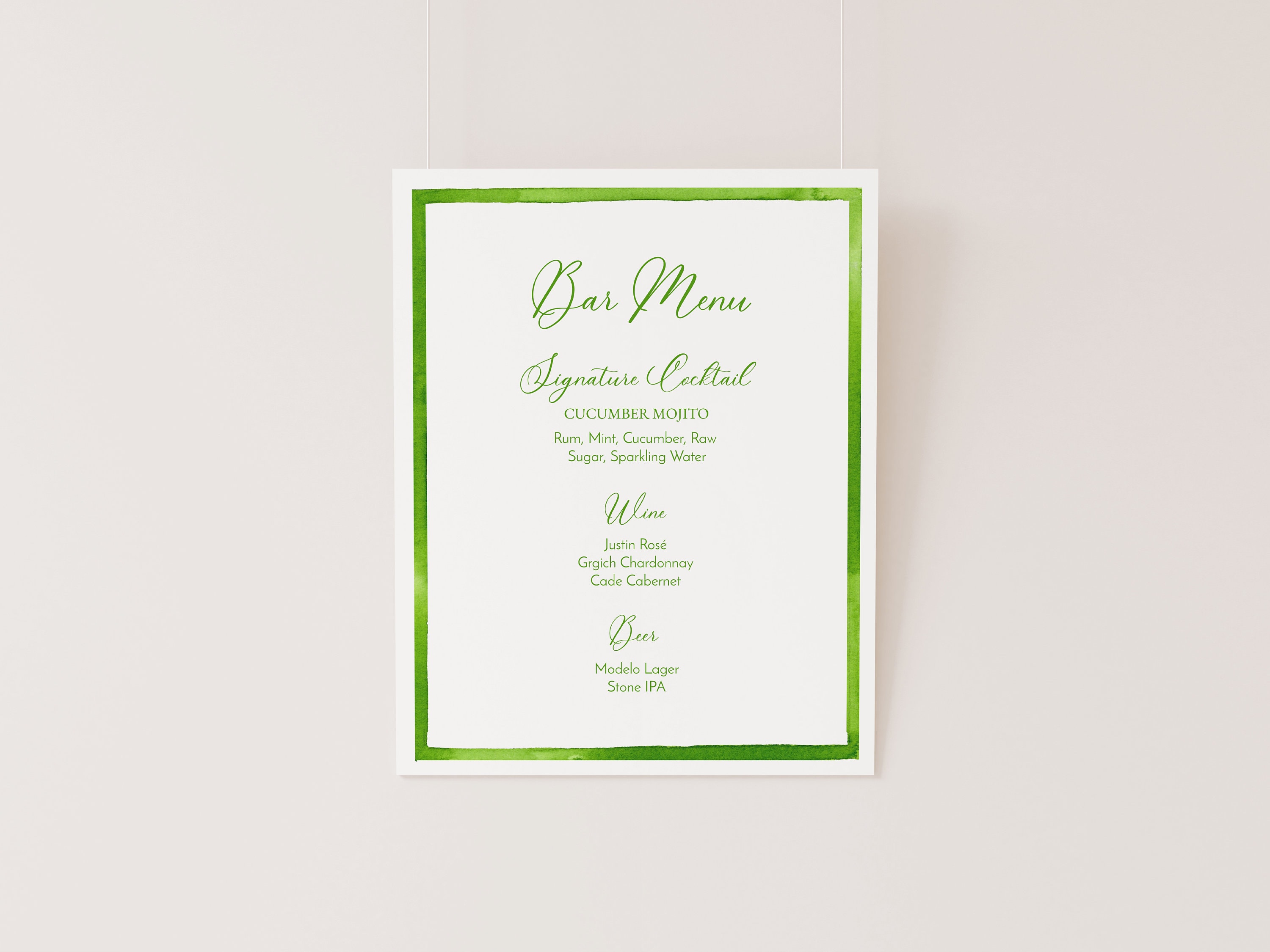 Watercolor Lime Green Bar Menu Template: Modern Wedding Sign (8x10) - Etsy