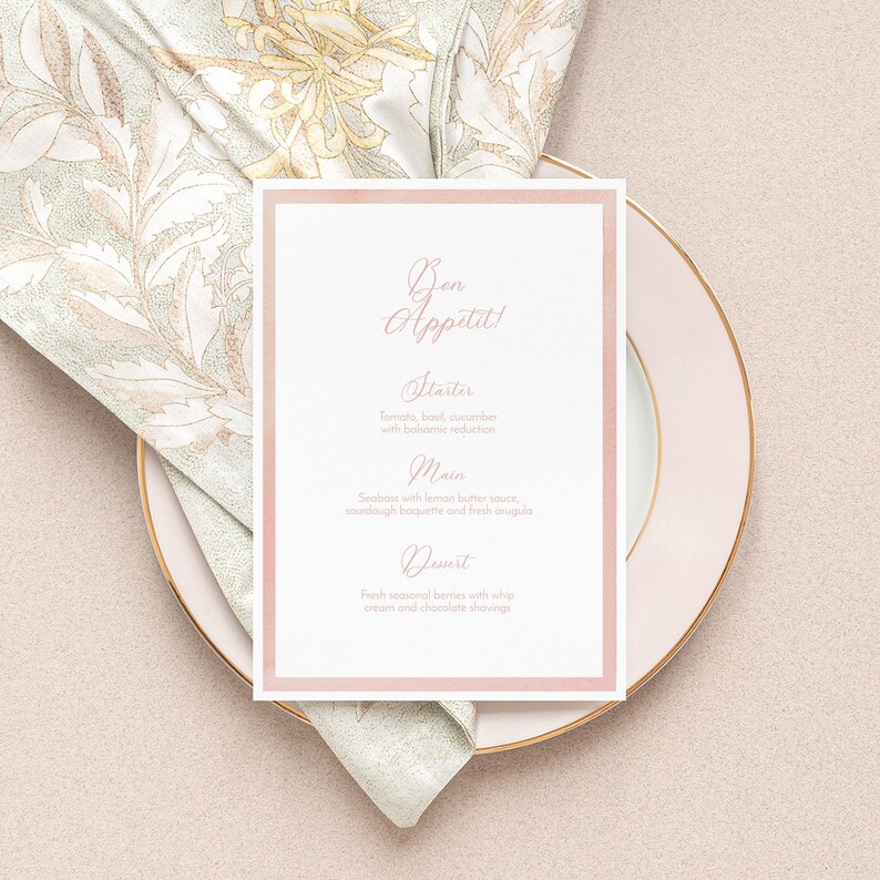 Watercolor Blush Frame Dinner Menu TEMPLATE Watercolor Frame - Etsy