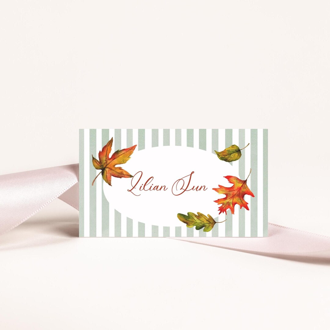 Autumn Place Card Template, Name Card, Watercolor Fall Leaves ...
