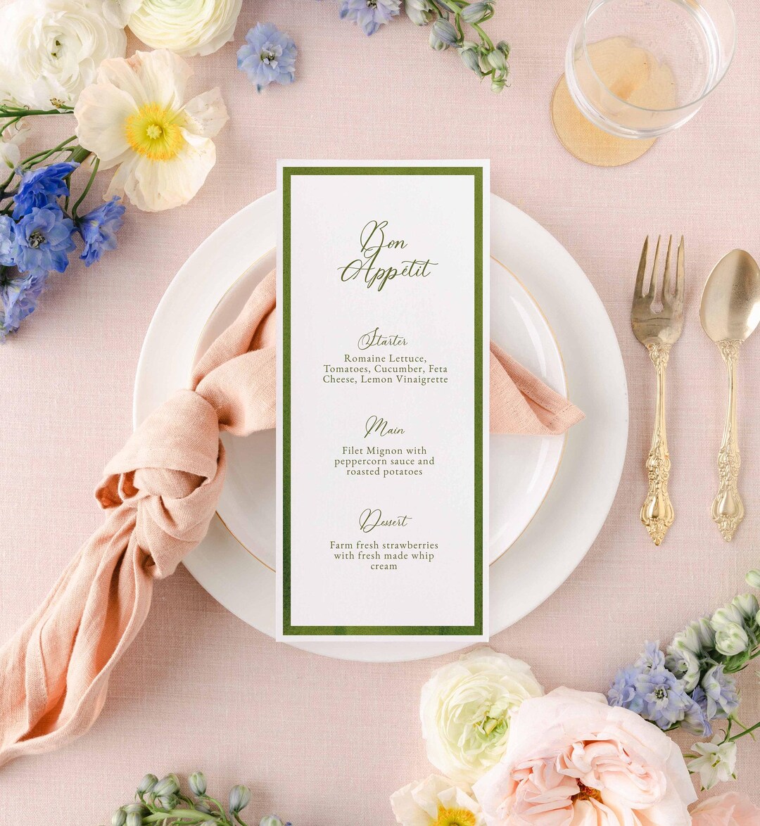 Watercolor Olive Green Frame Dinner Menu TEMPLATE, Green Frame, Long ...