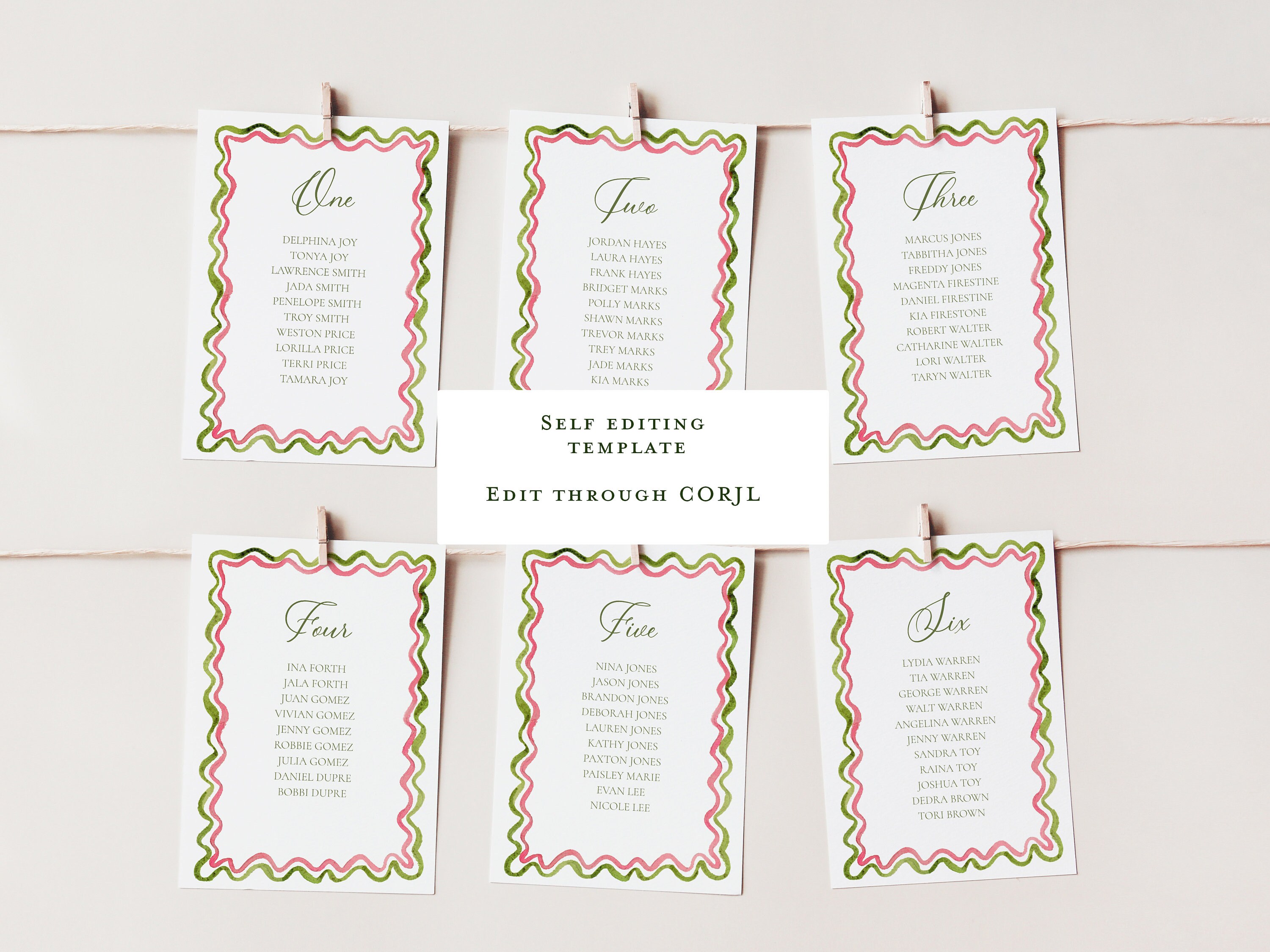 Green and Pink Squiggle Seating Chart, Card Seating Chart, Printable ...