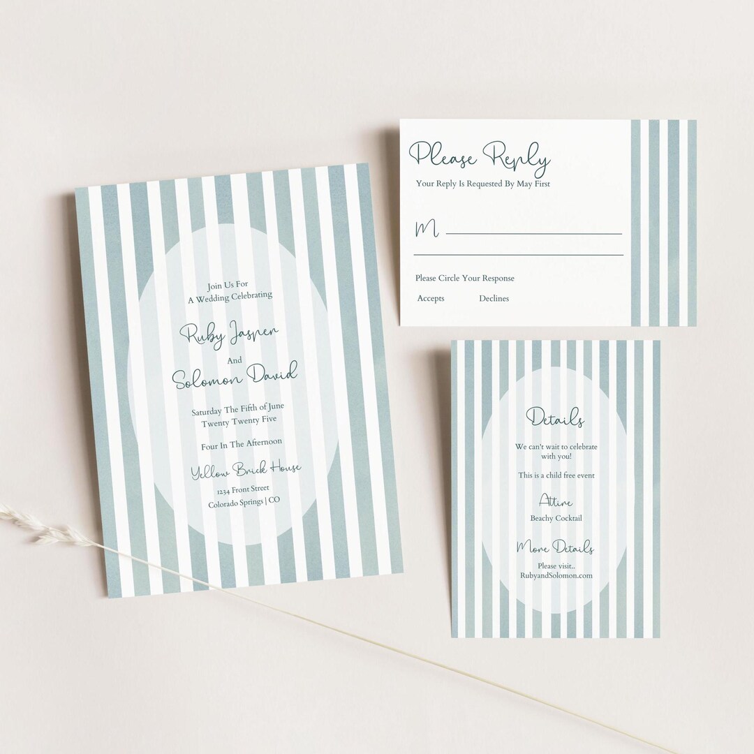 Striped Wedding Invitation TEMPLATE, Light Blue Green Watercolor Line ...