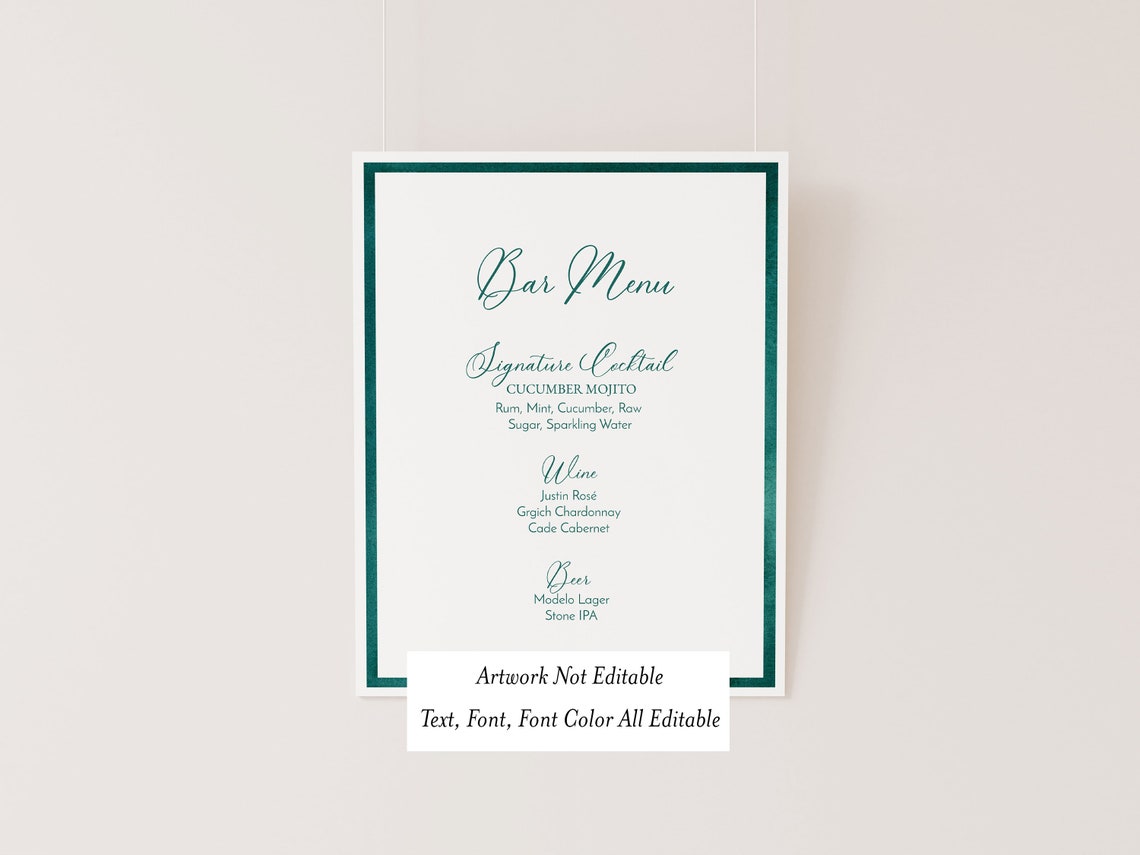Watercolor Emerald Bar Menu TEMPLATE Jewel Tone Watercolor - Etsy