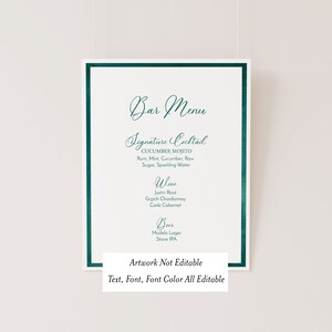 Watercolor Emerald Bar Menu Template: Teal Wedding Sign (8x10 Printable ...
