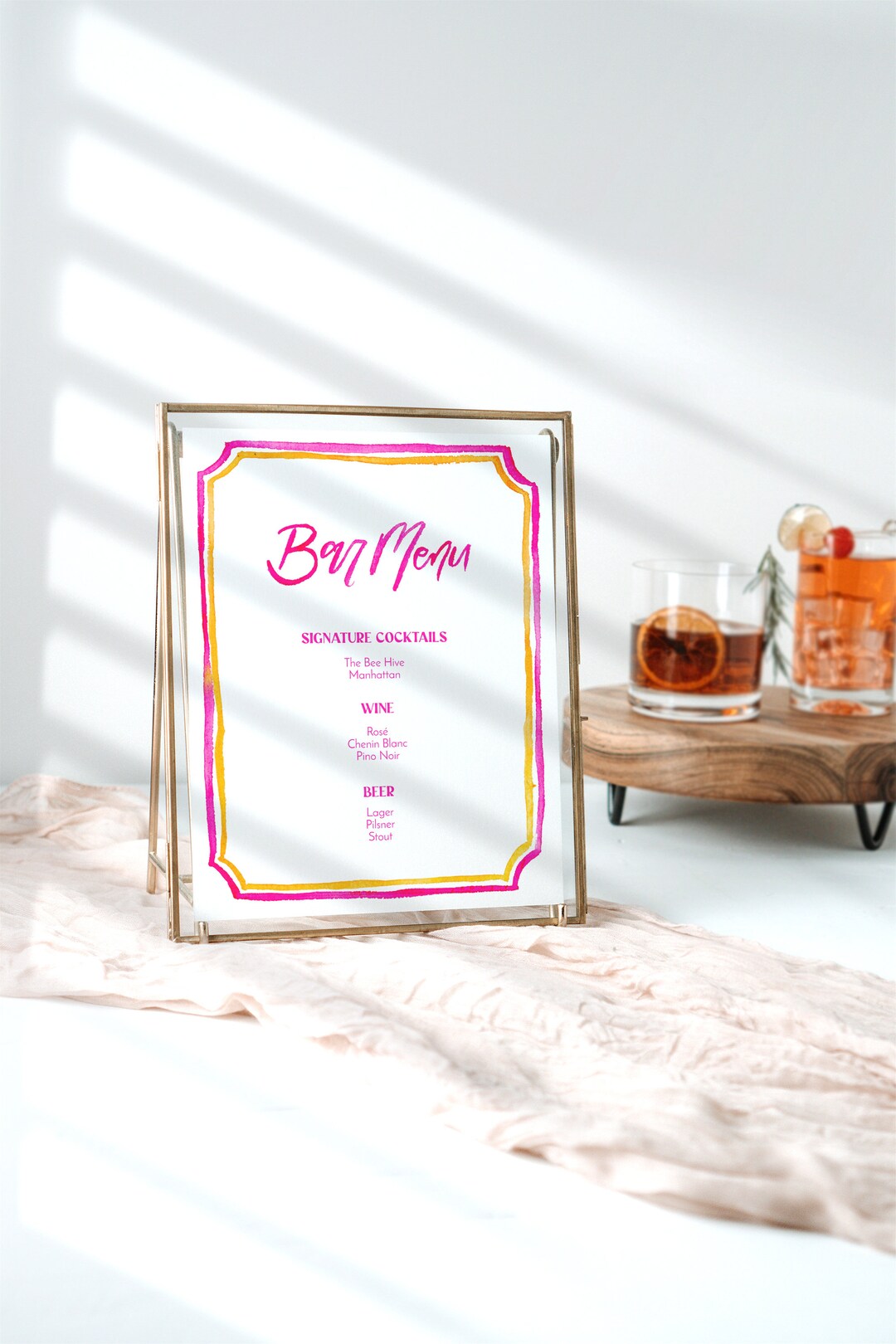 Pink and Yellow Ticket Shape Bar Menu TEMPLATE, Watercolor Frame ...