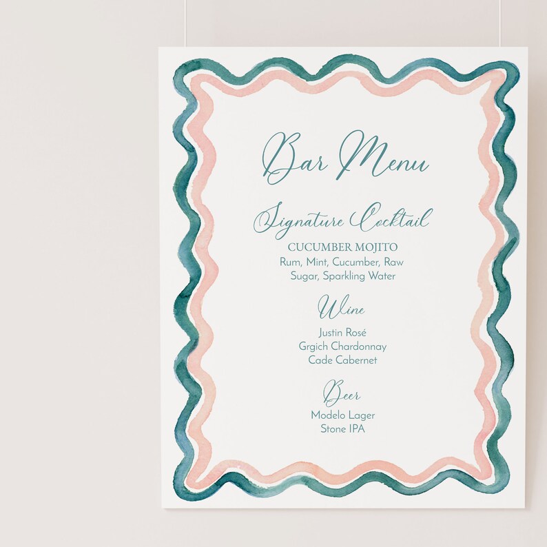 Squiggle Edge Bar Menu TEMPLATE Loopy Watercolor Bar Sign - Etsy