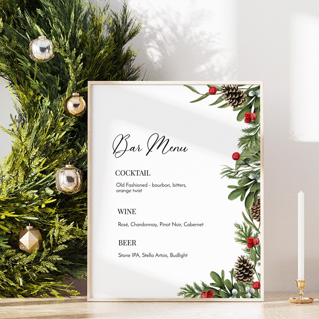 Christmas Themed Bar Menu TEMPLATE, Printable Christmas Menu, Holiday ...