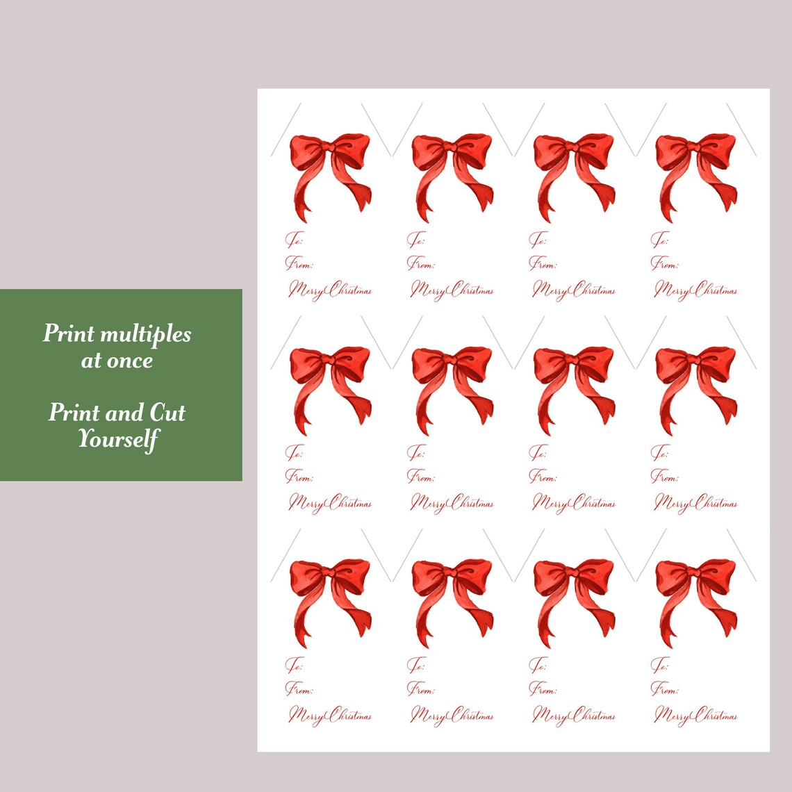 Christmas Gift Tag TEMPLATE, Printable Christmas Gift Tags, Red Bow ...