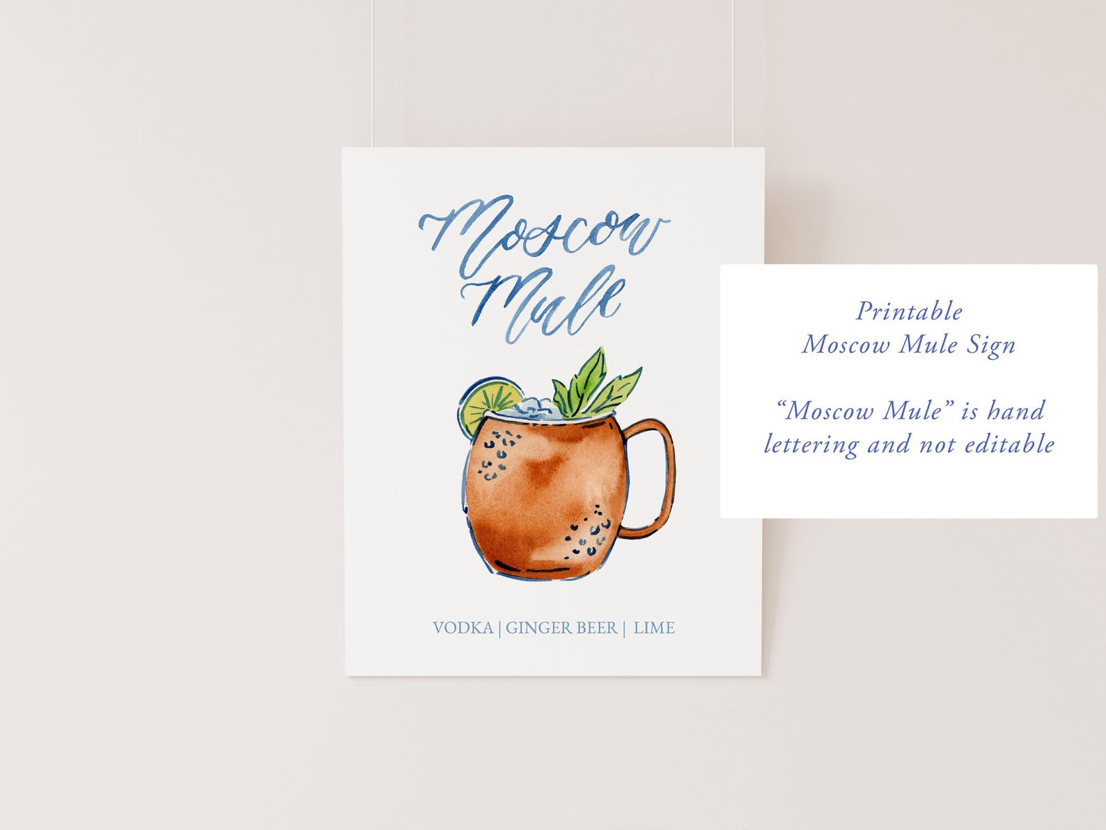 Watercolor Moscow Mule Bar Sign Template: Retro Cocktail Menu (8x10 ...