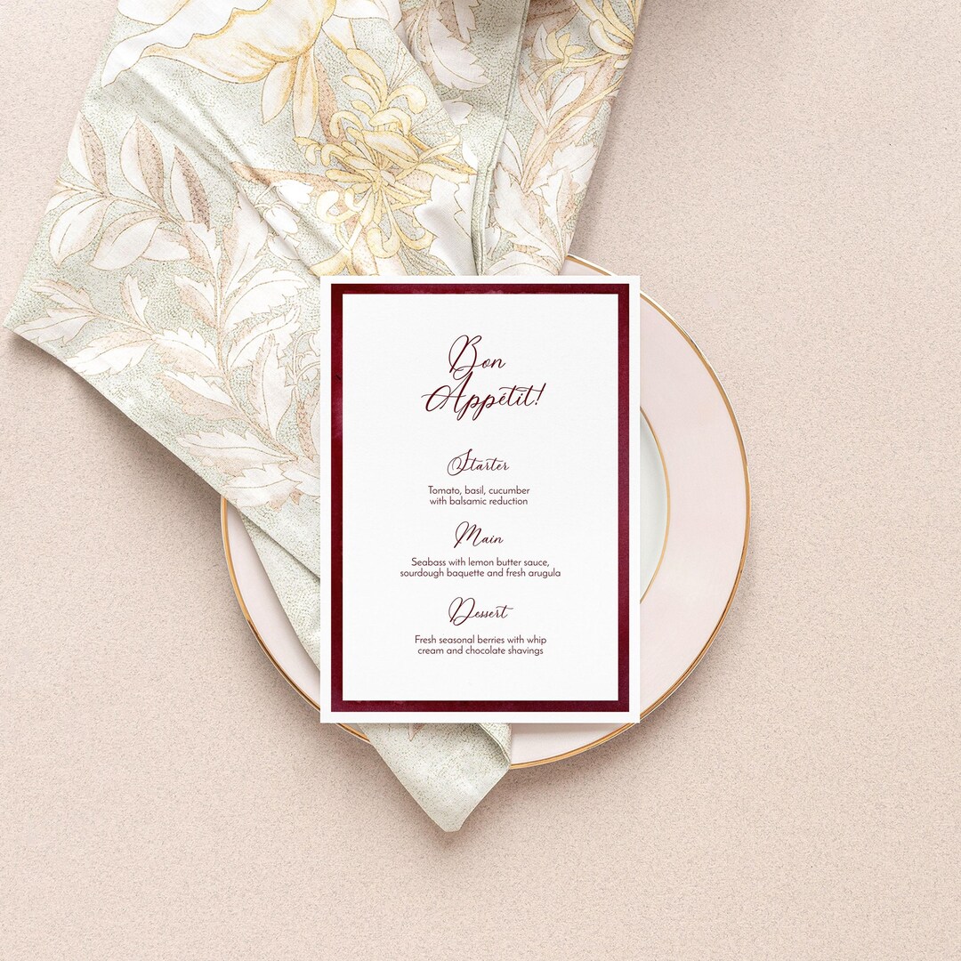 Dinner Menu TEMPLATE, Watercolor Burgundy Frame, Claret Watercolor ...