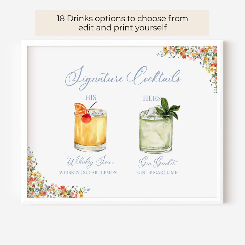 His & Hers Signature Cocktail Sign Template: Wildflower Drinks (digital ...