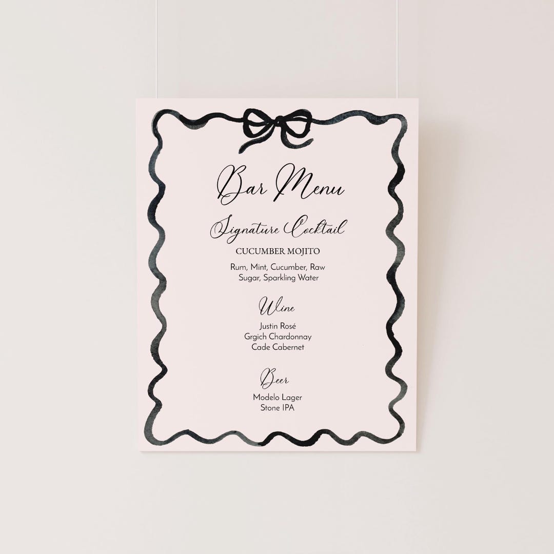 Black Bow Bar Menu TEMPLATE, Squiggle Wavy, Watercolor Black Bow ...