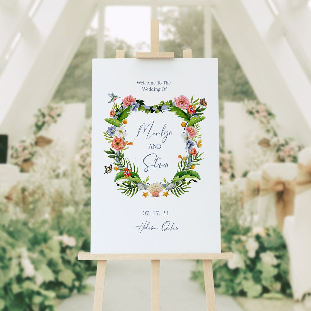 Tropical Wedding Welcome Sign Template: Watercolor Crest (24x36 ...