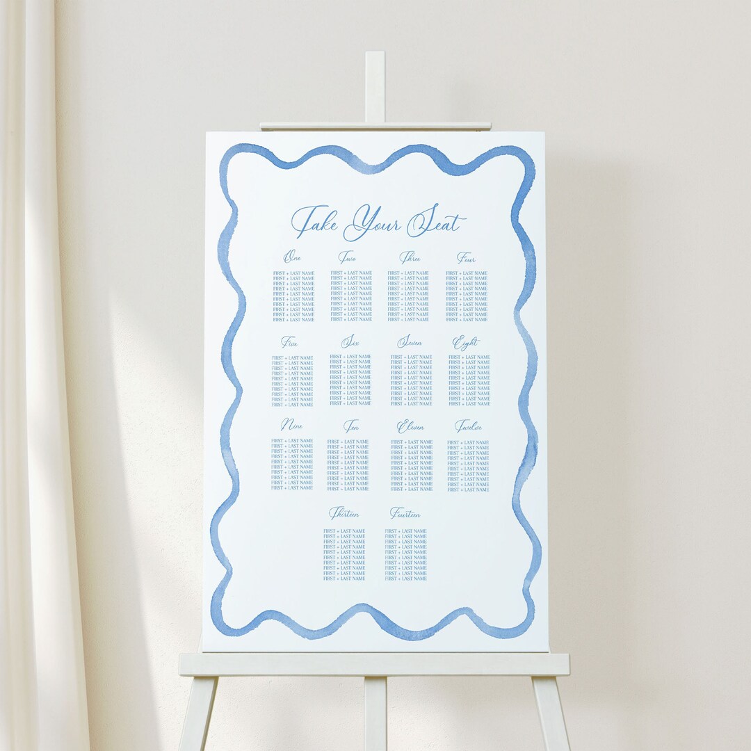 Light Blue Watercolor Squiggle Wedding Seating Chart (24x36 Digital ...