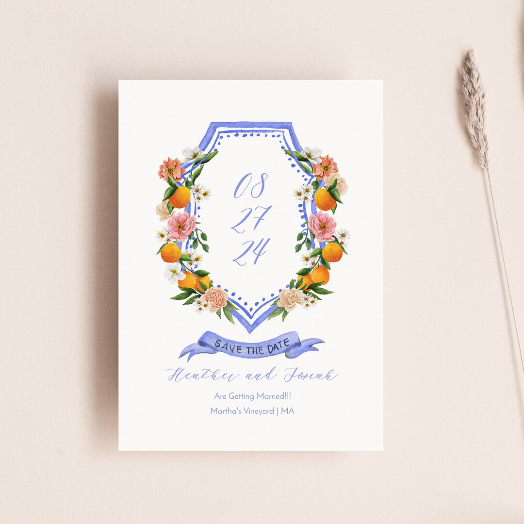 Watercolor Crest Save the Date TEMPLATE Oranges and Flowers - Etsy