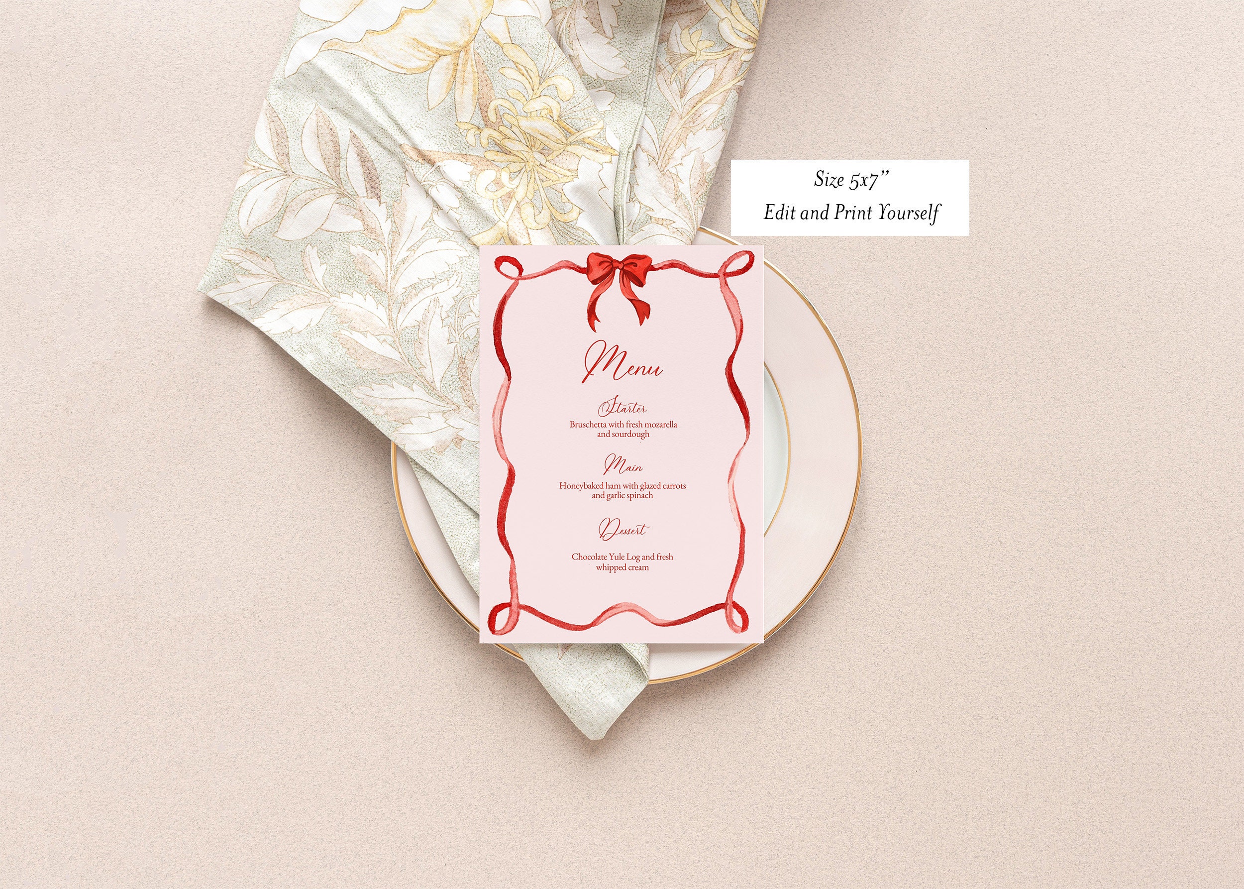 Red Ribbon Christmas Dinner Menu TEMPLATE, Holiday Dinner Menu ...