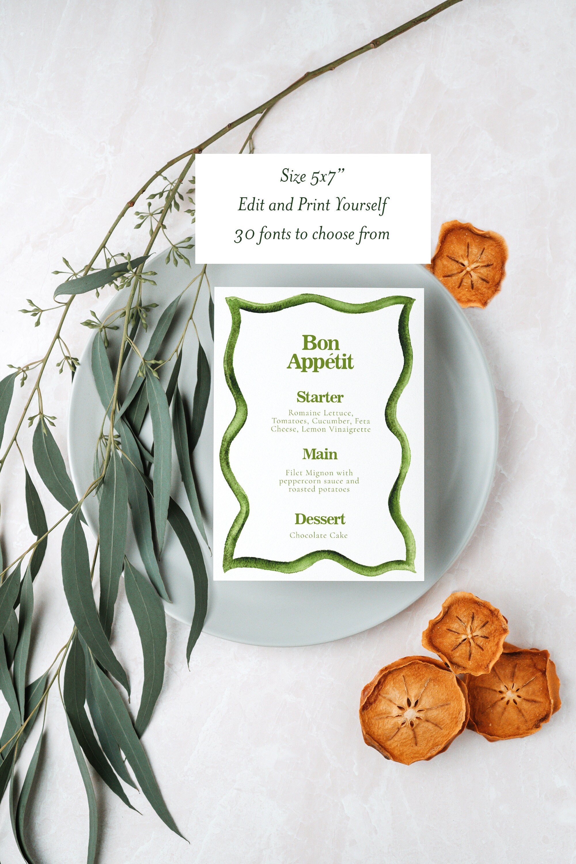 Green Watercolor Edge Dinner Menu Printable Menu Card Look - Etsy