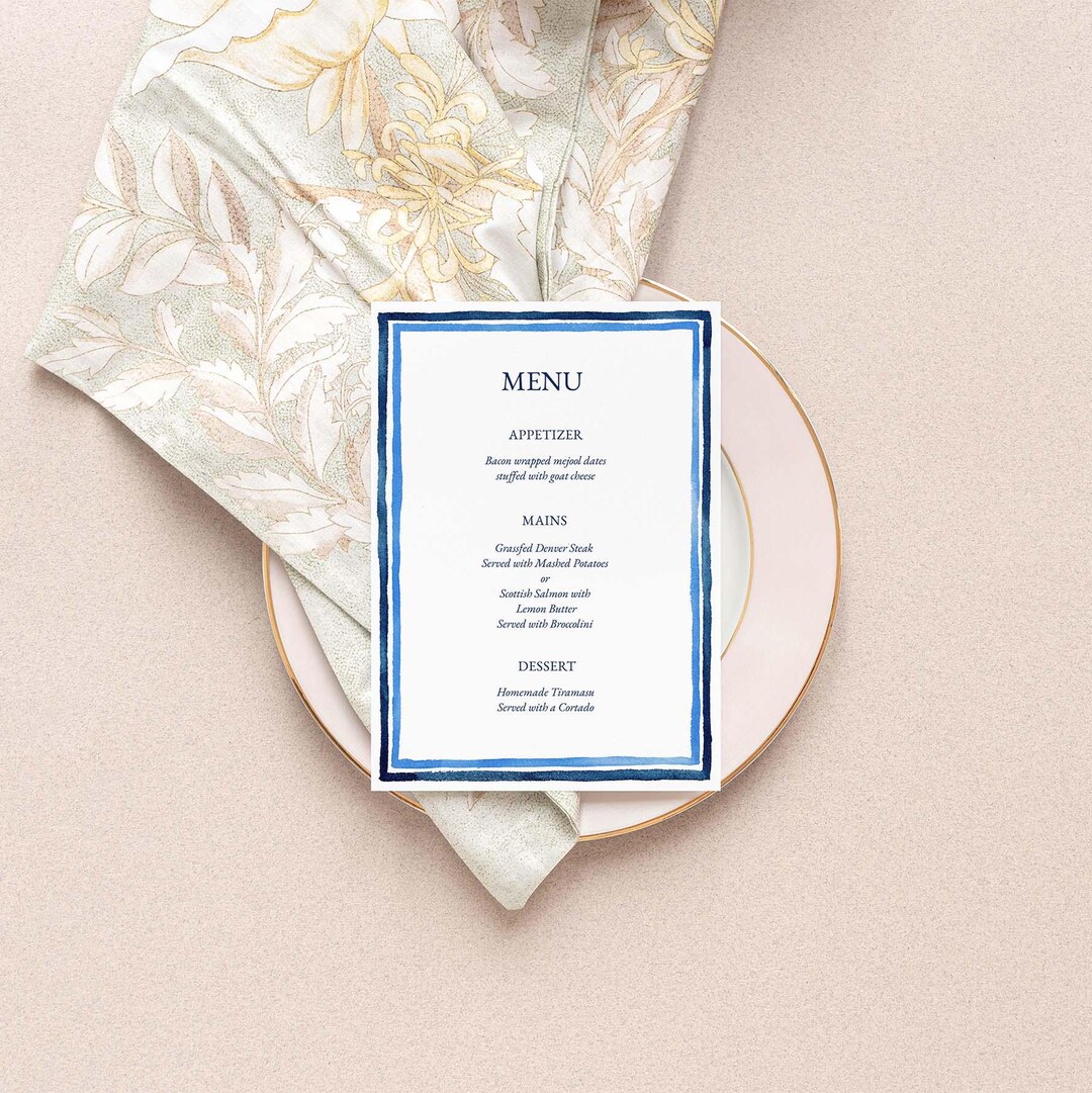 Watercolor Blue Frame Dinner Menu Template: Modern Wedding (5x7 ...