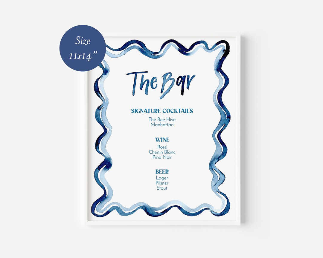 Blue Scallop Edge Bar Menu TEMPLATE, Loopy Watercolor Bar Sign, Blue ...