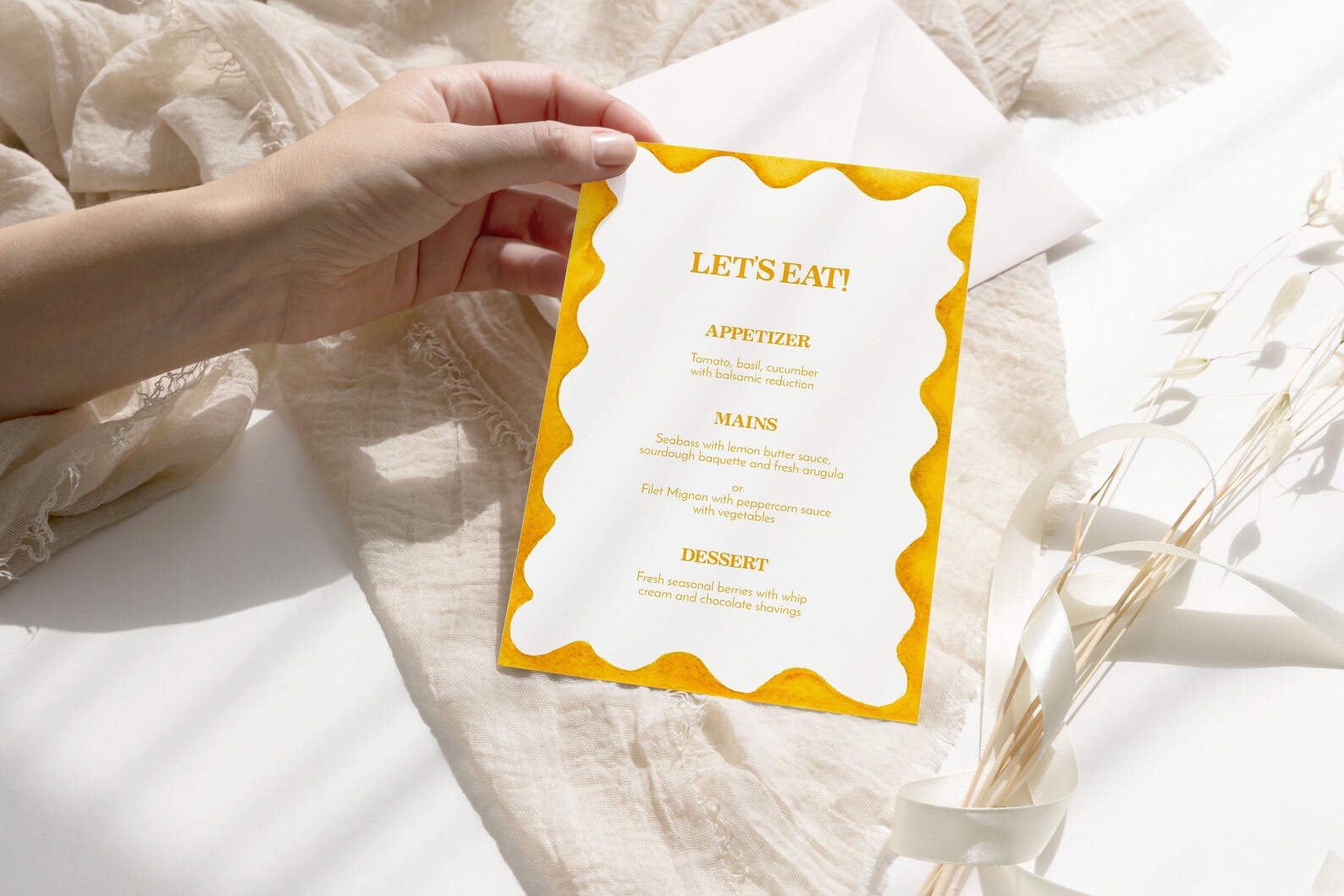 Yellow Scallop Watercolor Frame Dinner Menu TEMPLATE, Modern Wavy Menu ...