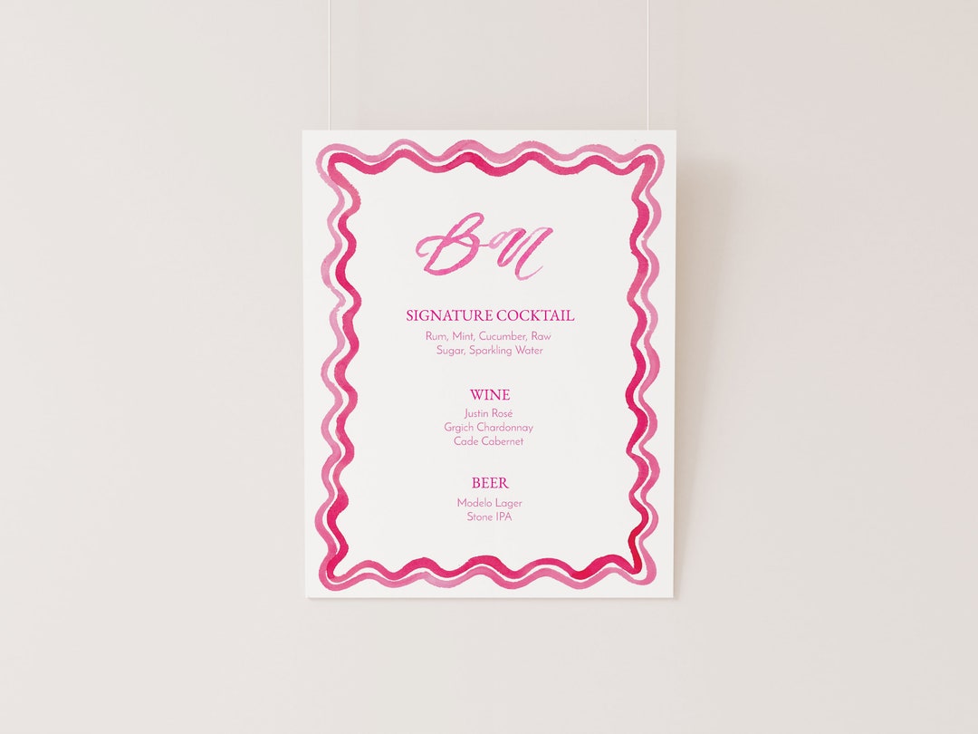 Watercolor Barbiecore Pink Bar Menu Template: Wavy Scallop Edge (8x10 ...