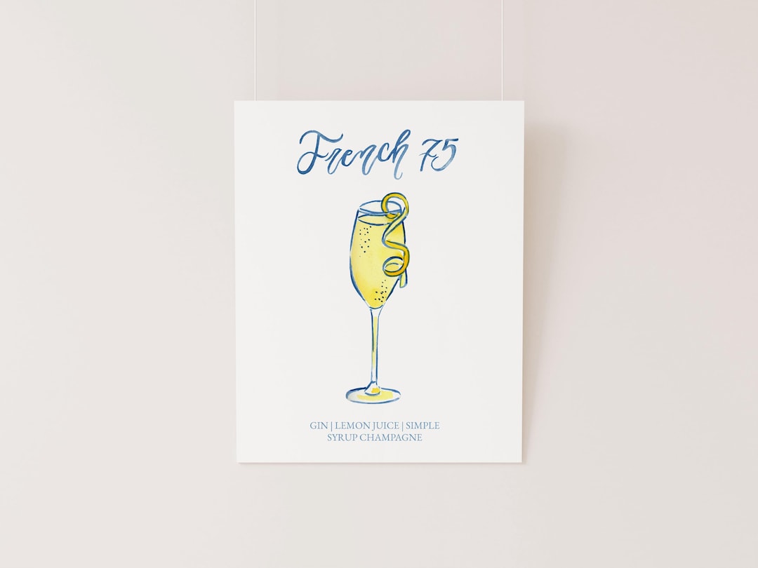 French 75 Watercolor Cocktail Menu Template, Bridal Bar Sign (digital ...