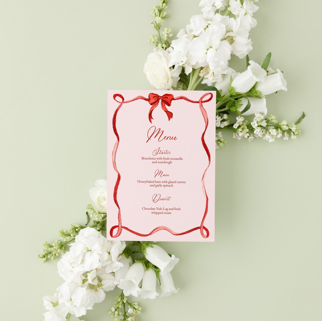 Red Ribbon Christmas Dinner Menu TEMPLATE, Holiday Dinner Menu ...