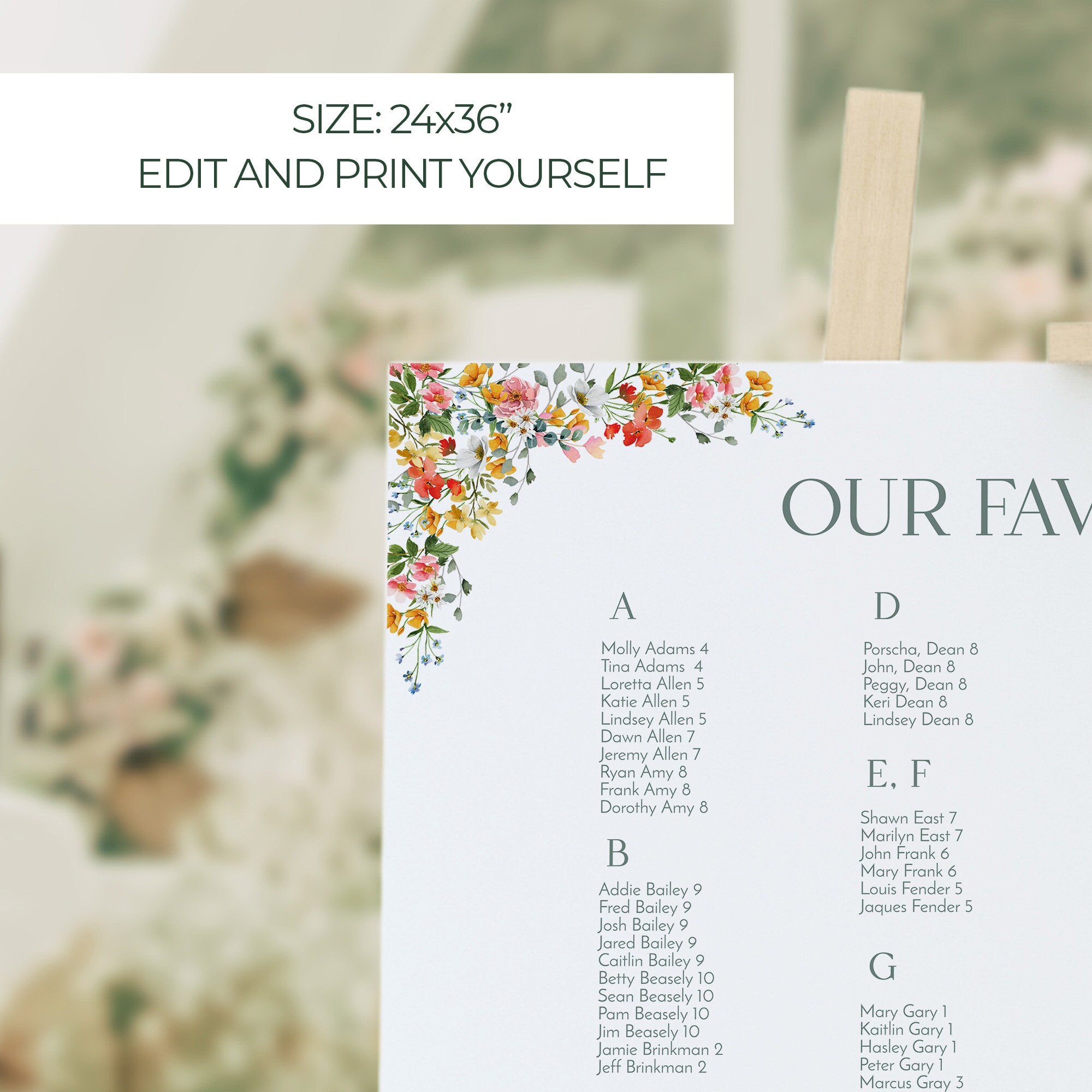Alphabetical Seating Chart TEMPLATE, Wildflower Table Assignment ...