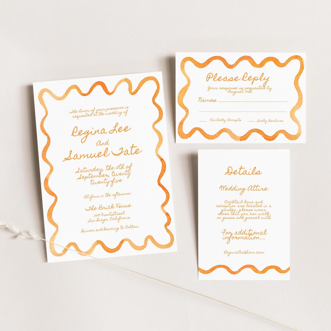 Watercolor Scallop Wedding Invitation Template: Apricot Wavy Design ...