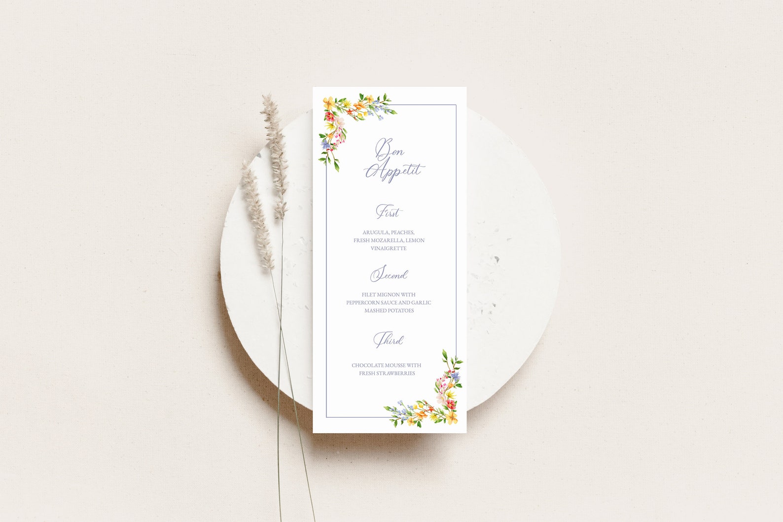 Wildflower Watercolor Edge Dinner Menu, Printable Menu Card, Look of ...