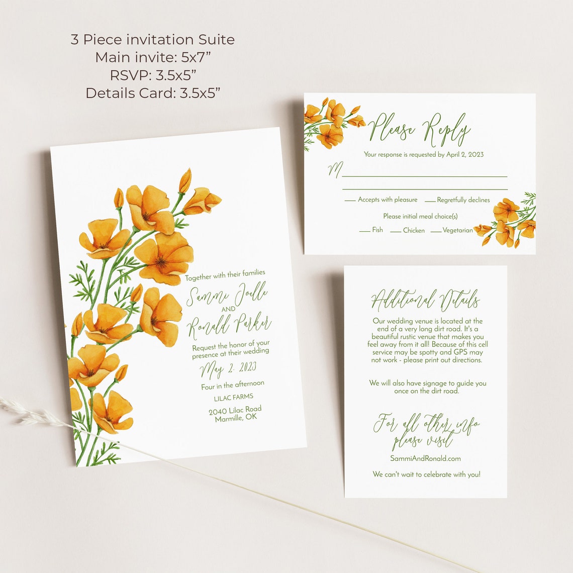California Poppy Wedding Invitation TEMPLATE Printable - Etsy