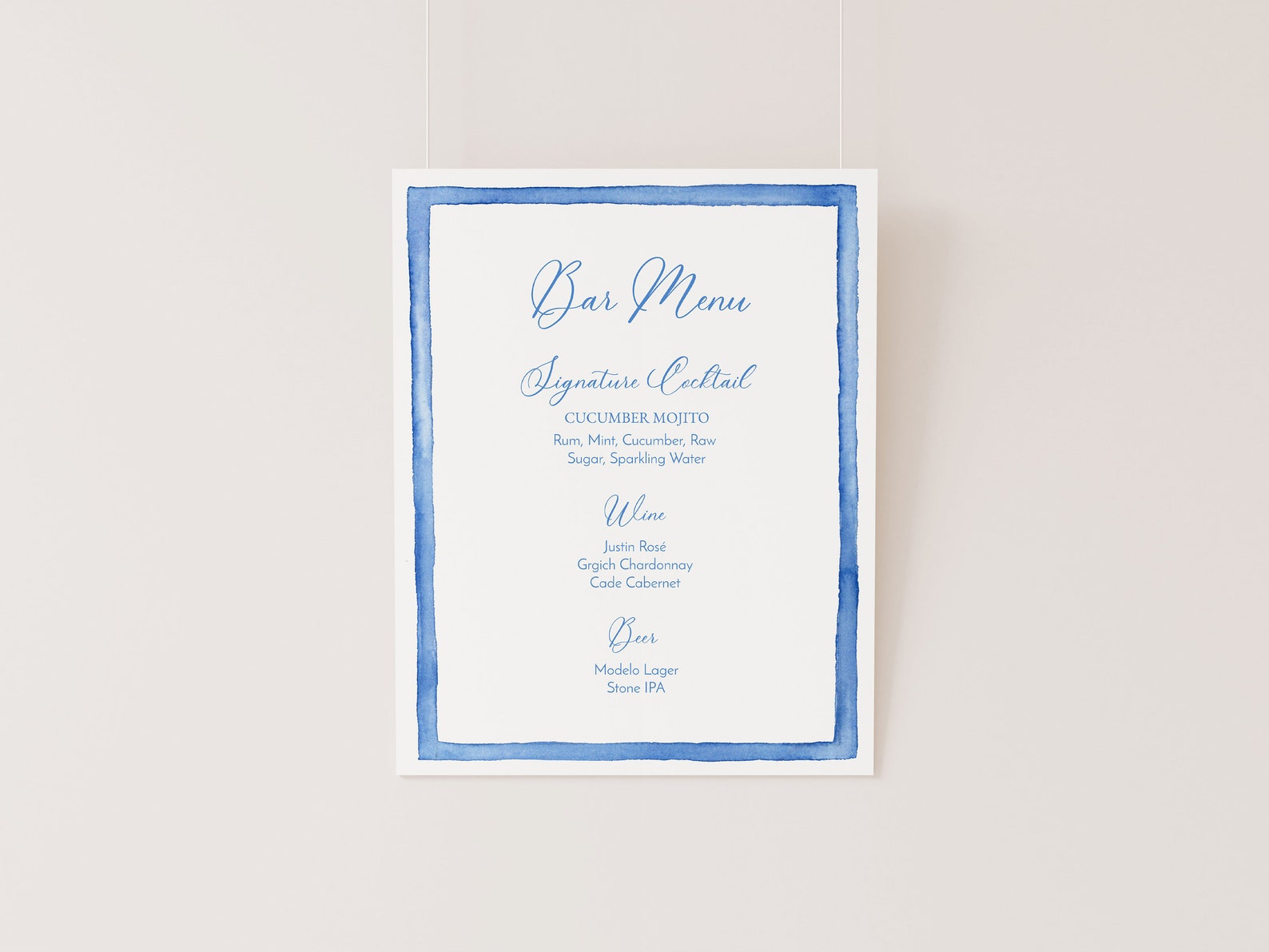 Watercolor Blue Frame Bar Menu TEMPLATE Light Blue Watercolor - Etsy