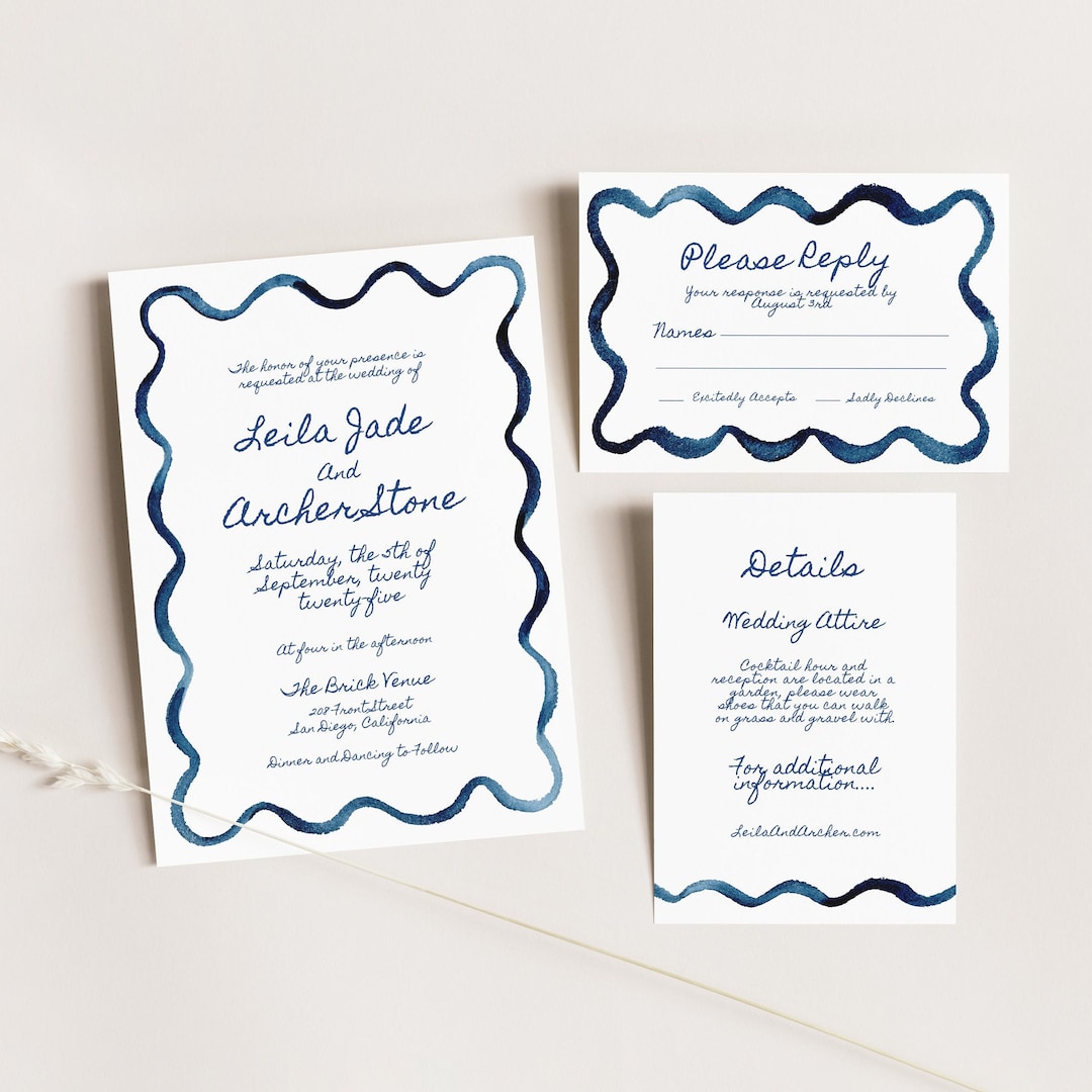 Watercolor Scallop Wedding Invitation Template: Indigo Blue Wavy Design ...