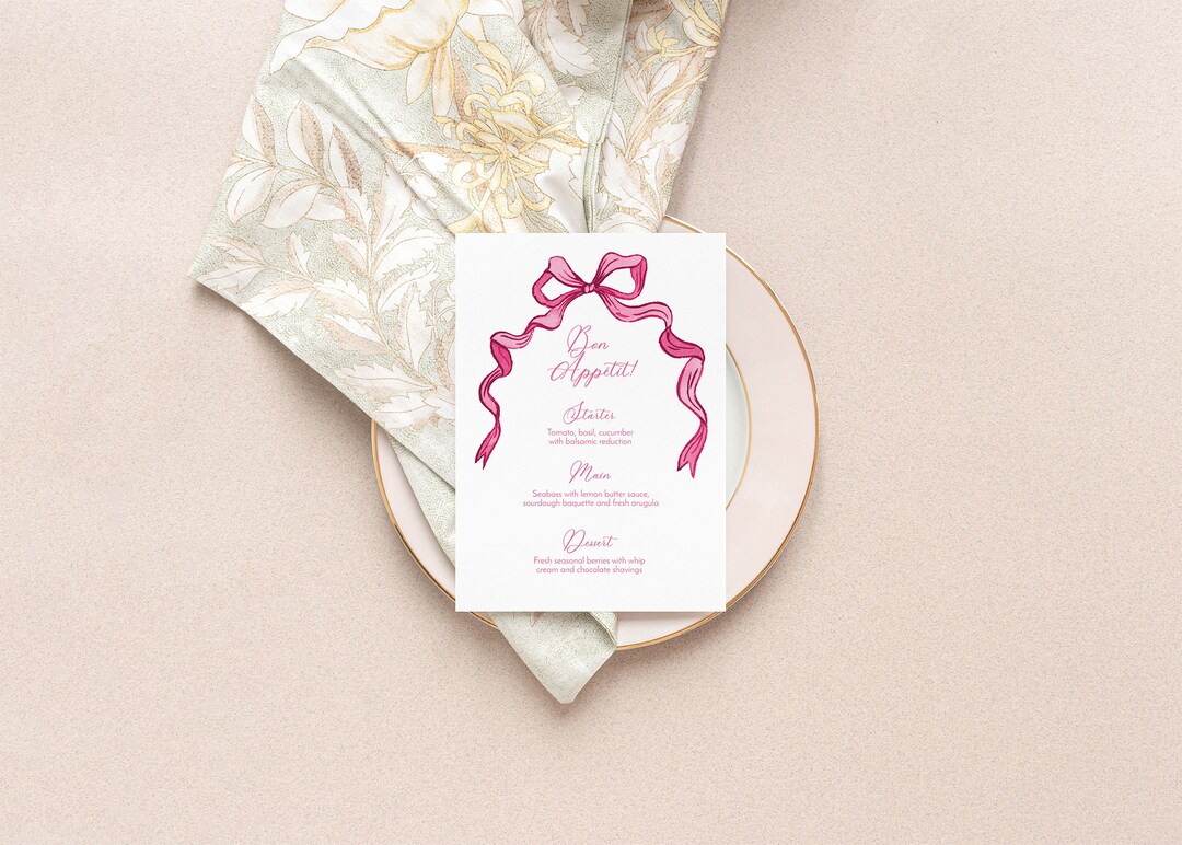 Pink Bow Watercolor Menu TEMPLATE, Barbiecore Menu, Pink Watercolor ...