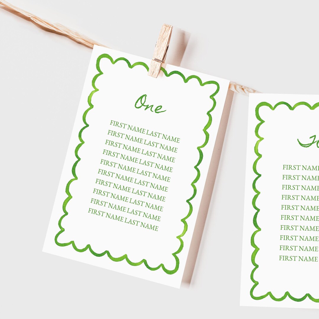 Green Scallop Seating Chart Cards, Editable Table Assignment Sign ...