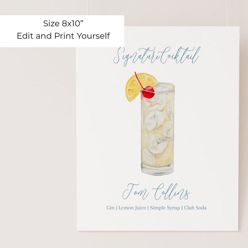 Tom Collins Cocktail Menu TEMPLATE, Watercolor Collins Drink, Signature ...
