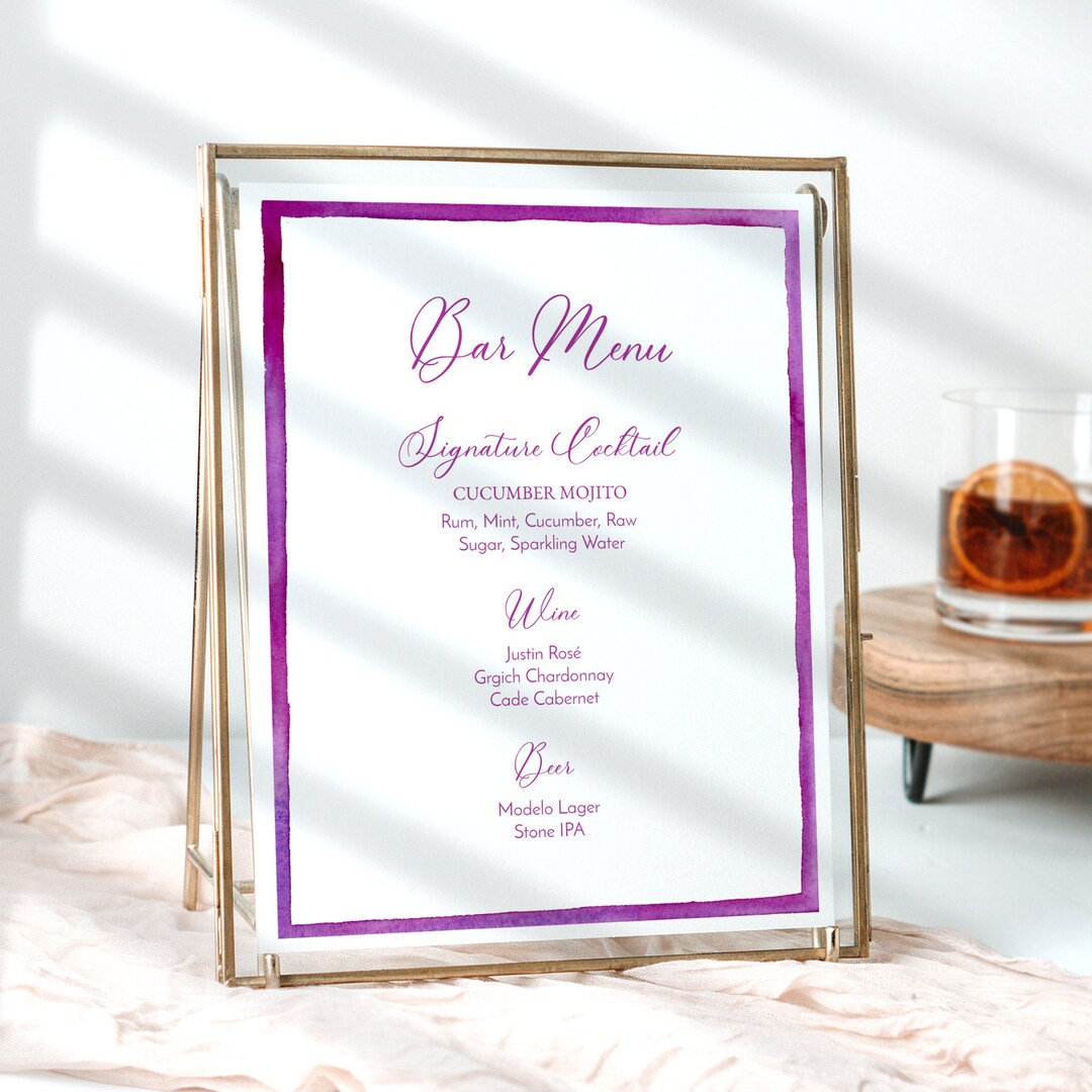 Watercolor Purple Frame Bar Menu TEMPLATE, Watercolor Frame, Modern ...