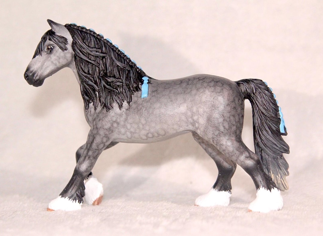 OOAK Model Horse - Retired Schleich Friesian Dapple Grey With Blue Bows ...
