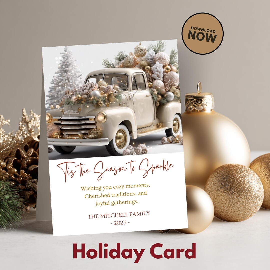 Vintage Christmas Truck Card, Editable Canva Template, Digital Download ...