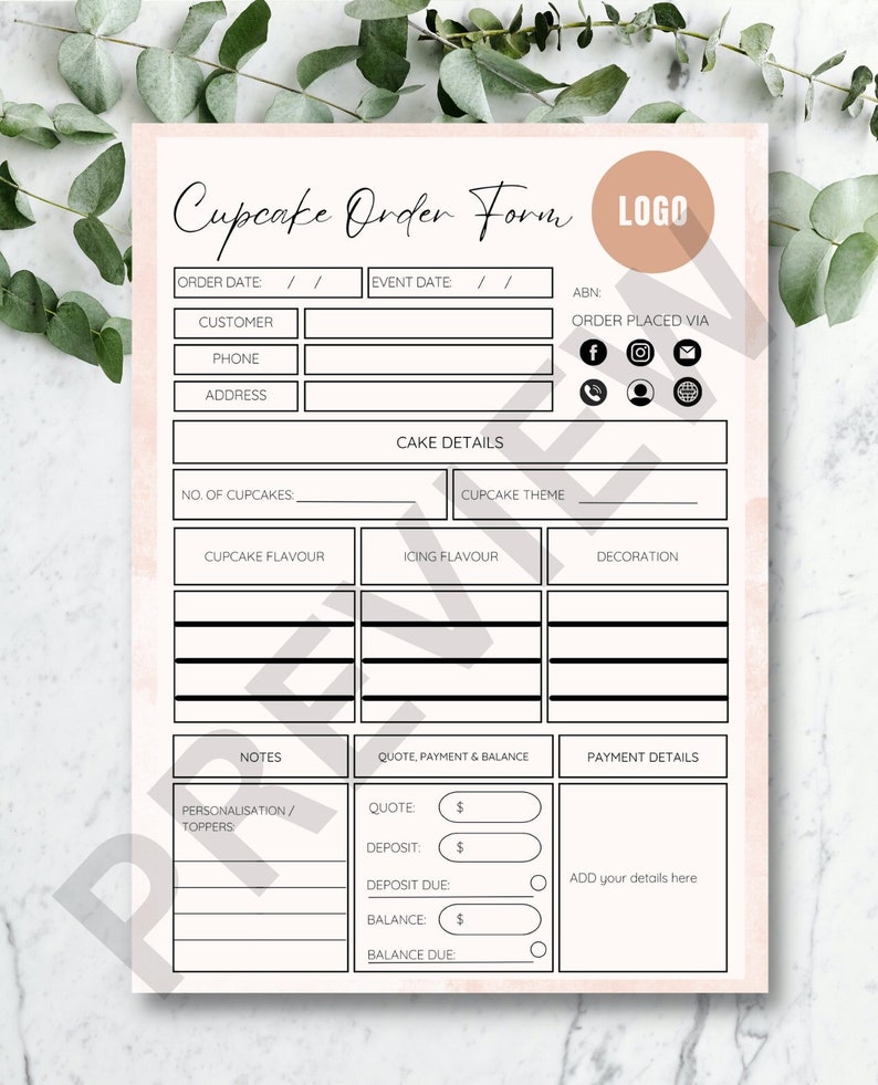 EDITABLE Cupcake Order Form | Bakery PDF Printable, Cake Business Form ...